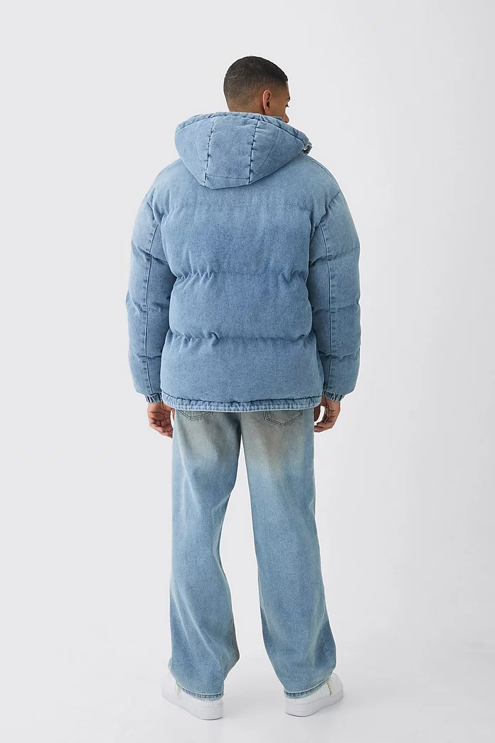 Oversized Funnel Neck Detachable Hood Denim Puffer Jacket Oversized Funnel Neck Detachable Hood Denim Puffer Jacket